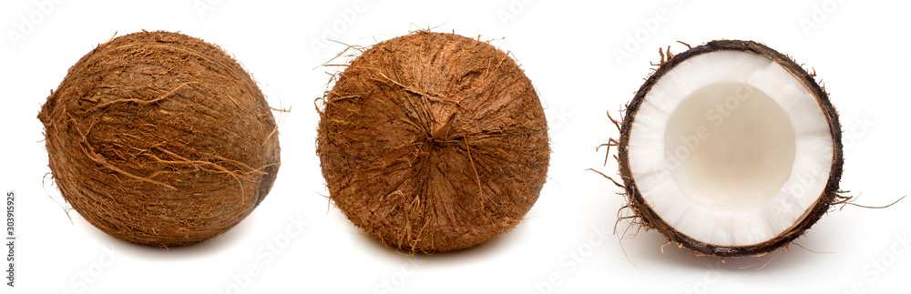 Coconut collection whole and half isolated on white background ...