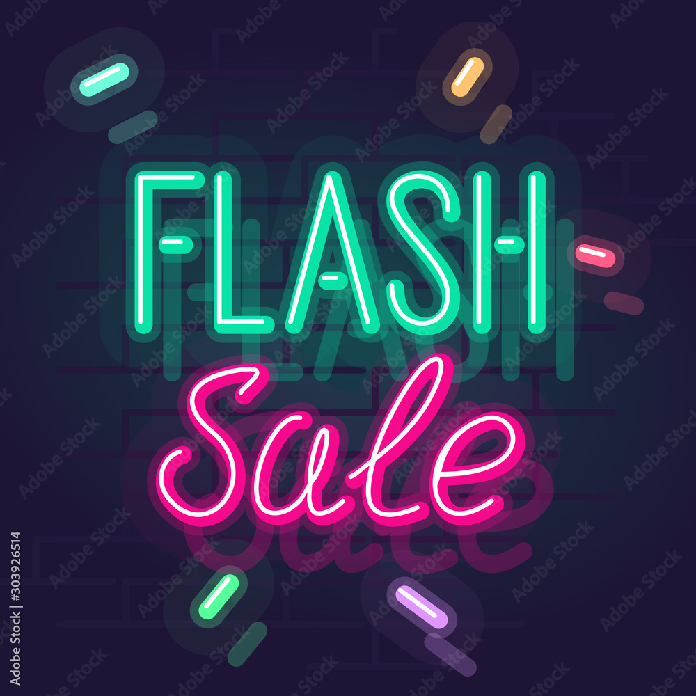 Neon handwritten flash sale sign with sparks. Square line art style ...