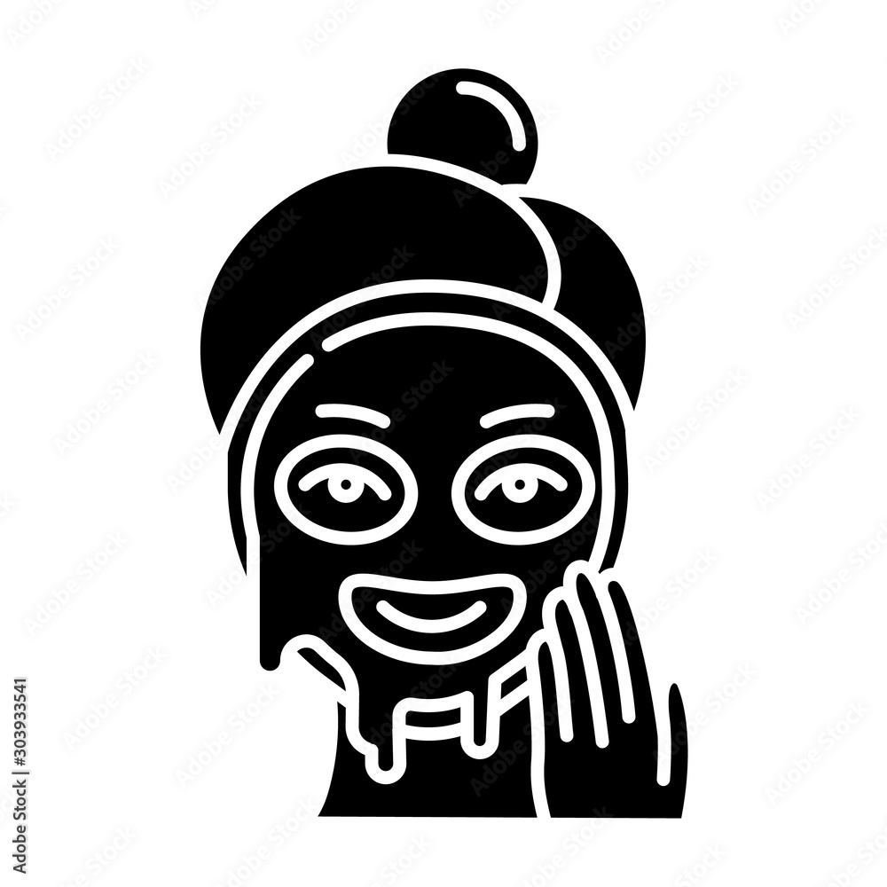 Applying liquid mask glyph icon. Skin care procedure. Facial beauty ...