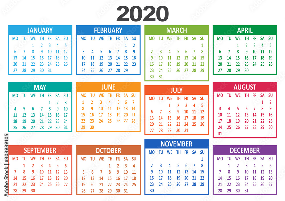 Yearly calendar 2020. Week starts from Monday. Vector illustration ...
