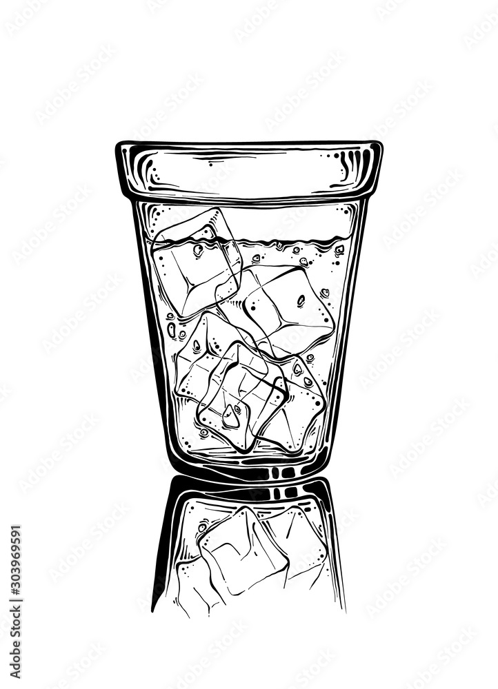 Hand drawn sketch glass with ice in black color. Isolated on white ...