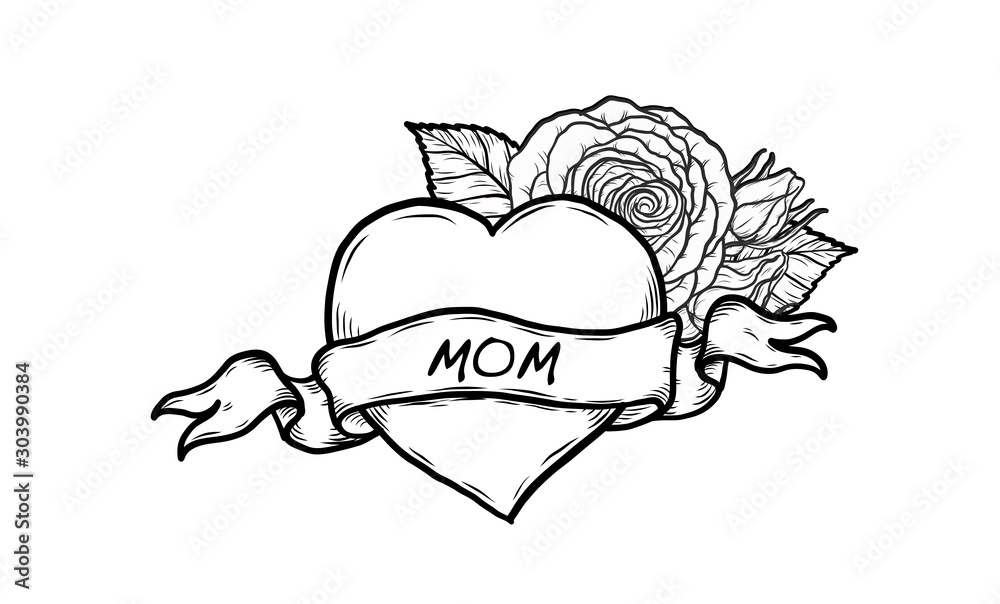 Heart with wording mom vector by hand drawing.Beautiful tattoo on white ...