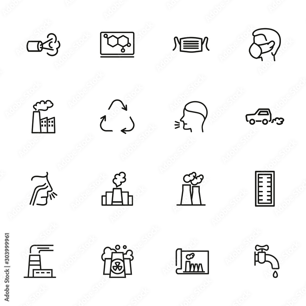 Air pollution line icon set. Fumes, recycling symbol, medical mask ...