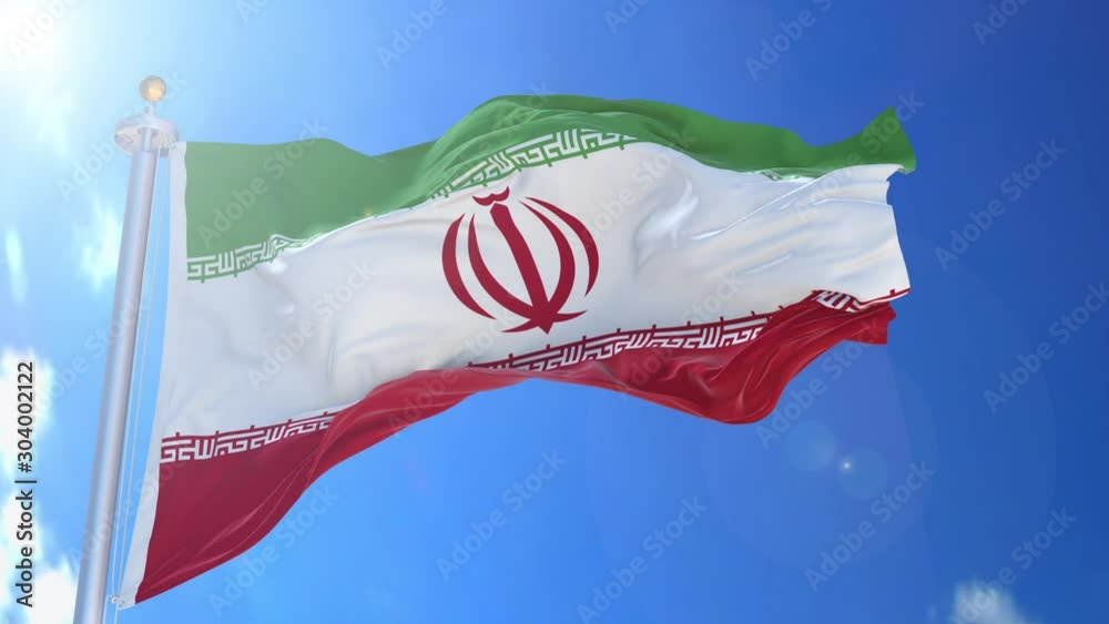 Iran animated flag in the wind with blue sky in the background, green ...