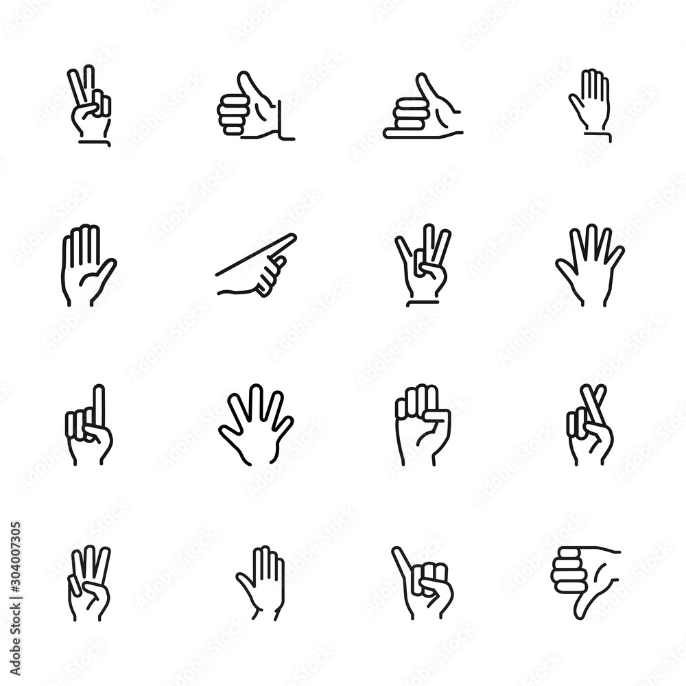 Hands with gestures line icon set. Thumbs up, pointing, ok sign ...