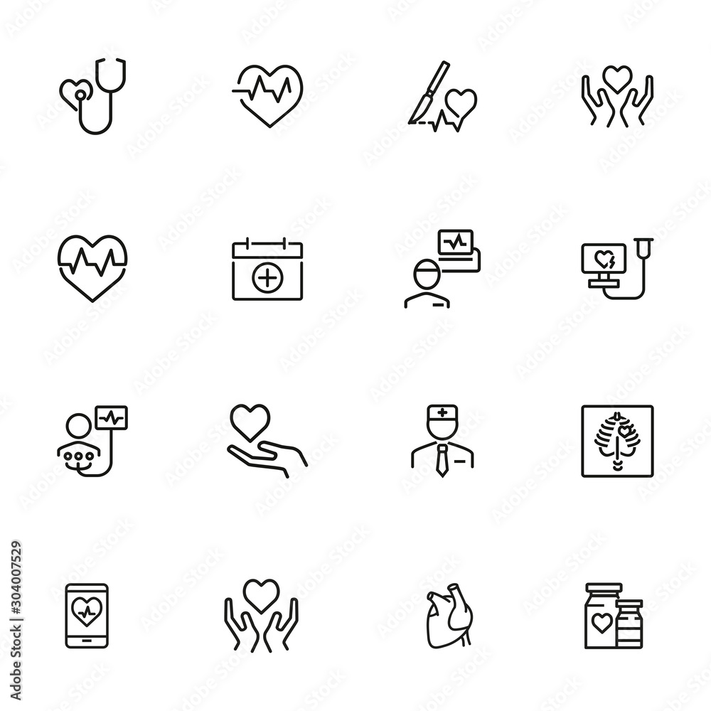 Heart disease prevention line icon set. Stethoscope, surgery ...
