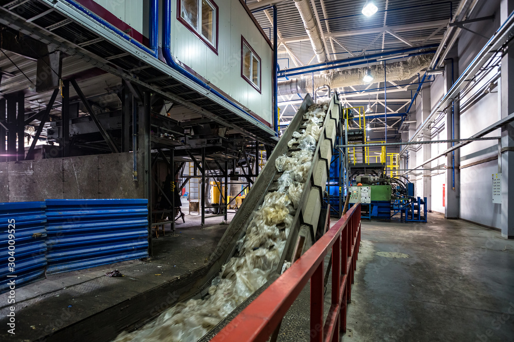 moving conveyor transporter on Modern waste recycling processing plant ...