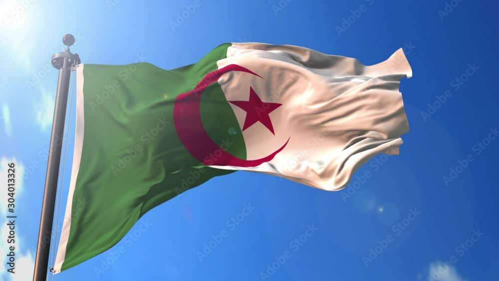 Algeria animated flag in the wind with blue sky in the background ...