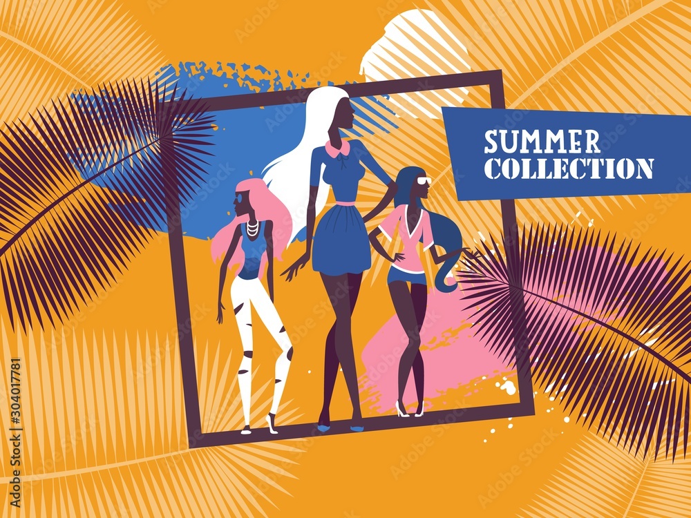Fashion models demonstrating new summer clothes collection, vector ...