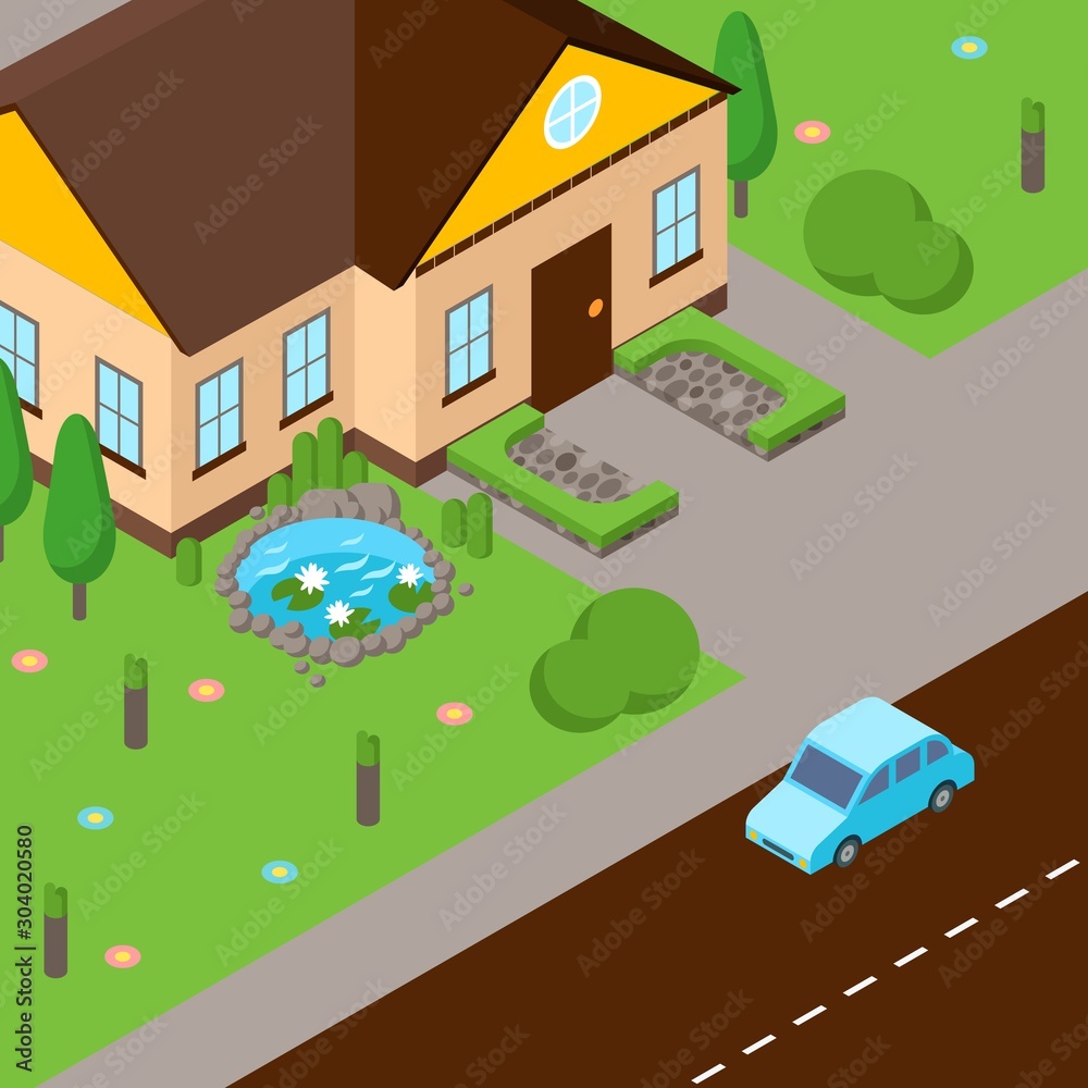 Isometric street scene, vector illustration. House with green lawn ...