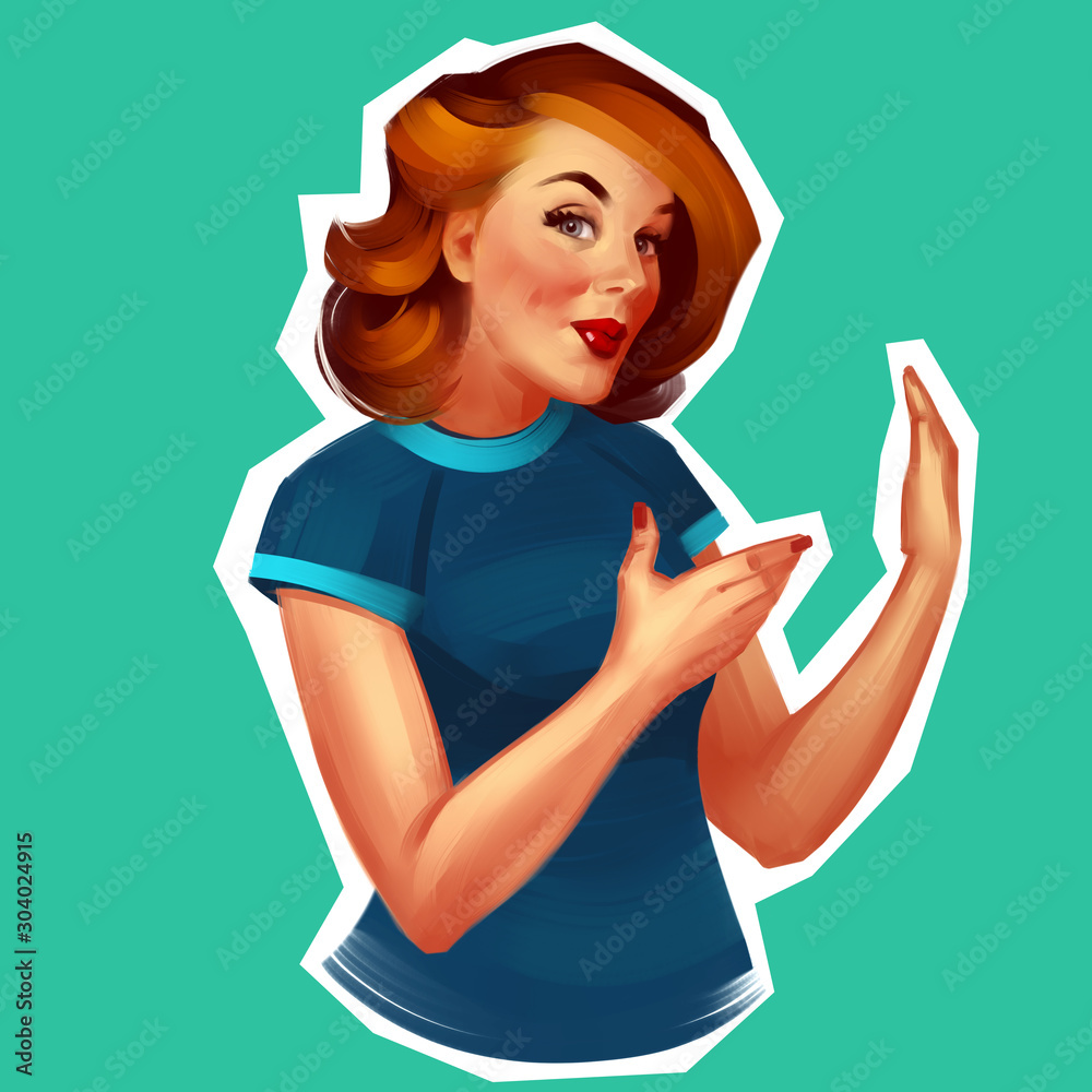 The portrait in a Pin-up style of young smiling woman with a red lips ...