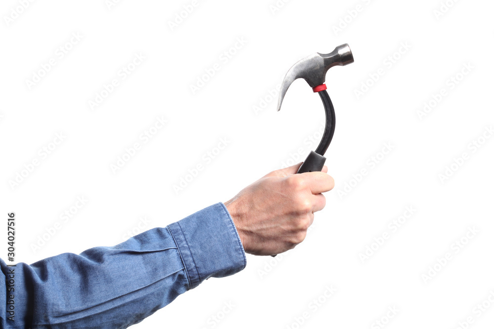 man's hand holding a bendy hammer on white background with clipping ...