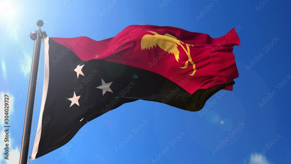Papua New Guinea animated flag in the wind with blue sky in the ...