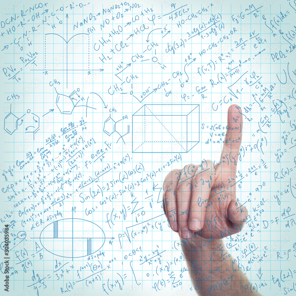 Science concept. Student raised up hand pointing finger in front of ...