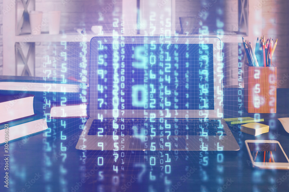 Technology theme drawing and work space with computer. Multi exposure ...