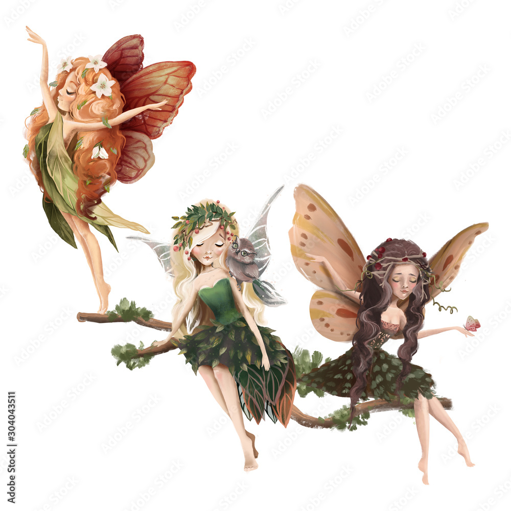 Cute hand drawn fairy in floral wreath, sitting on the tree, woodland ...