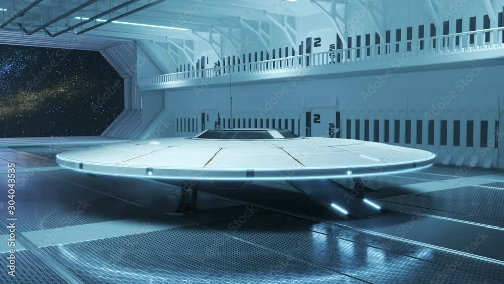 White metal flying saucer standing in a hangar. UFO ready to invade ...