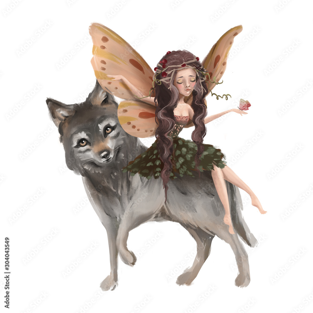 Cute hand drawn fairy in floral wreath, sitting on wolf, woodland ...