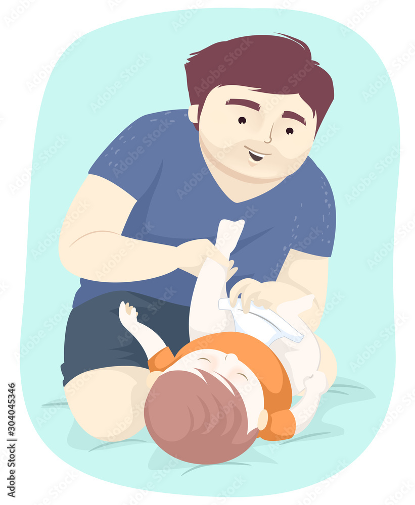 Kid Boy Baby Dad Changing Diaper Illustration Stock Vector | Adobe Stock