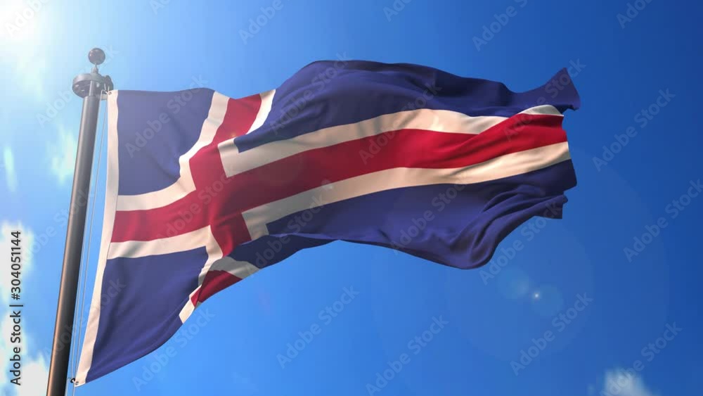 Iceland animated flag in the wind with blue sky in the background ...
