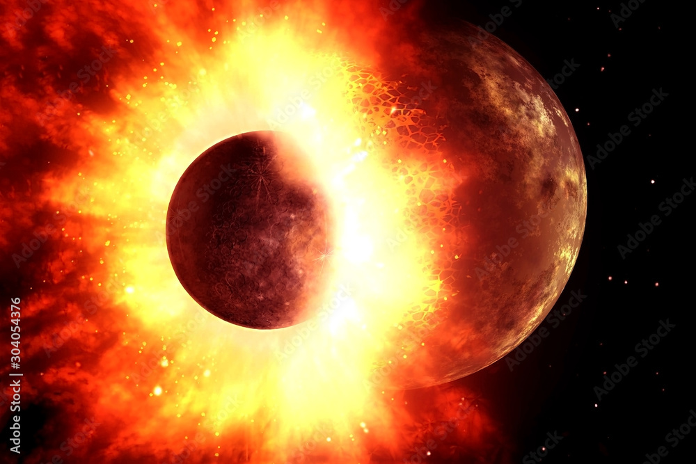 The collision of two planets in space. Elements of this image were ...