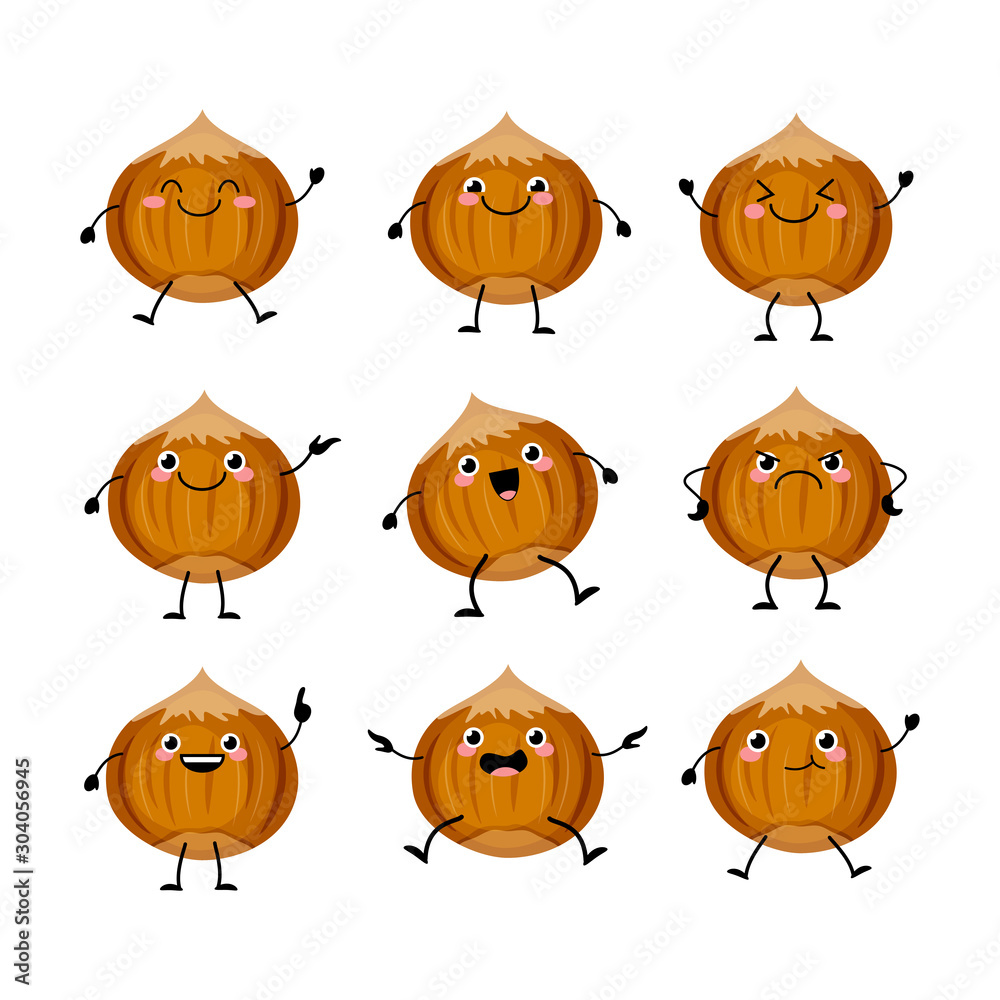 Cute hazelnut characters set with different emitions vector ...