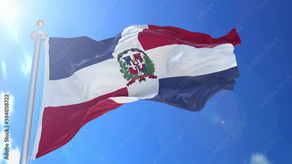 Dominican Republic animated flag in the wind with blue sky in the background, green screen, blue ...