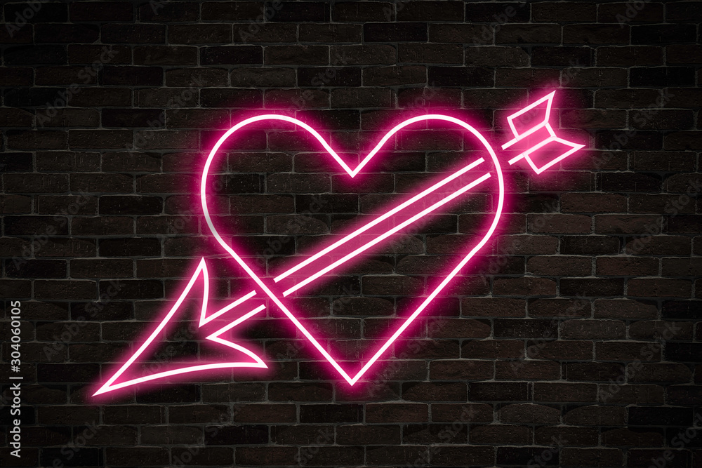 Pink Heart arrow neon on brick wall background, fall in love symbol ...