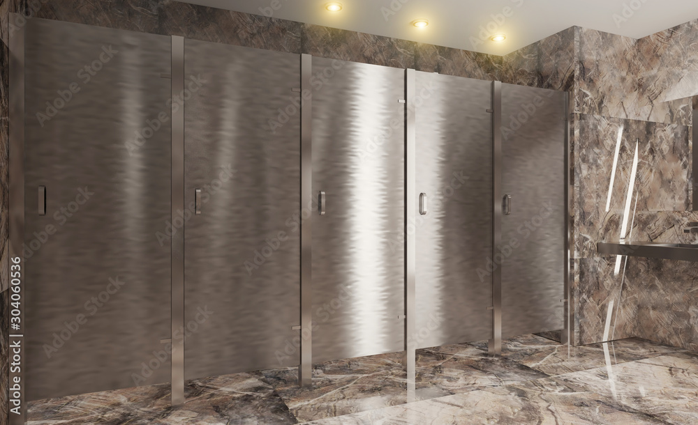 stainless steel doors in a public toilet. 3D rendering Stock ...