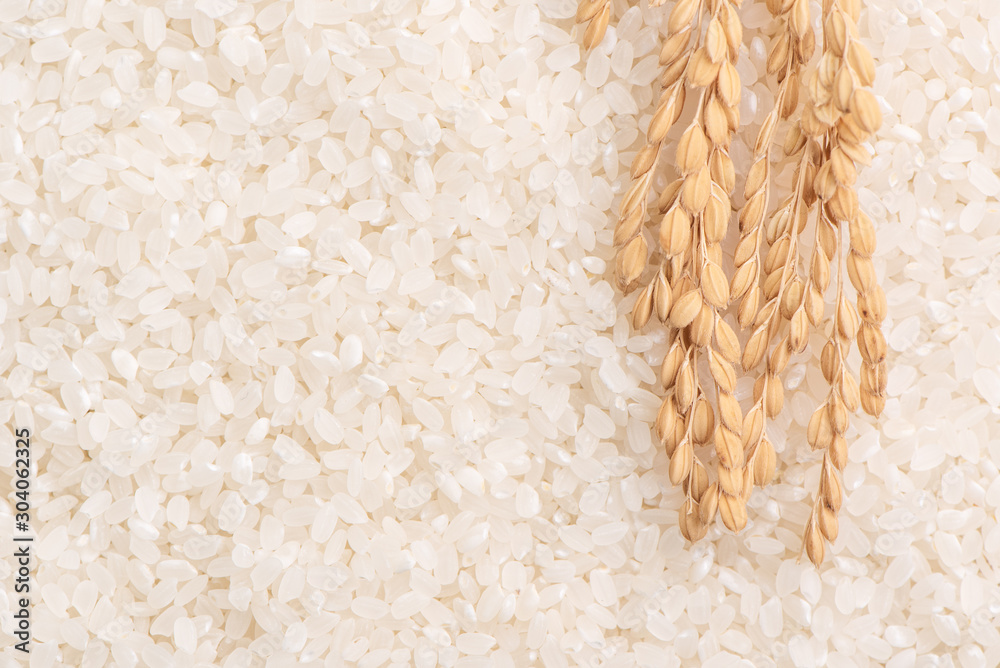 Raw white polished milled edible rice crop on white background in brown ...
