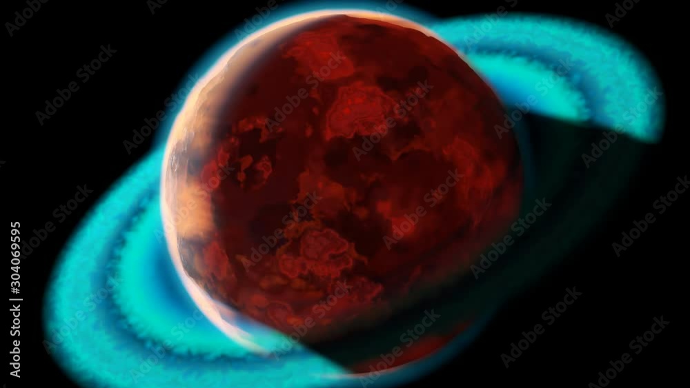 Alien red planet with a glowing blue ring system in black empty space ...