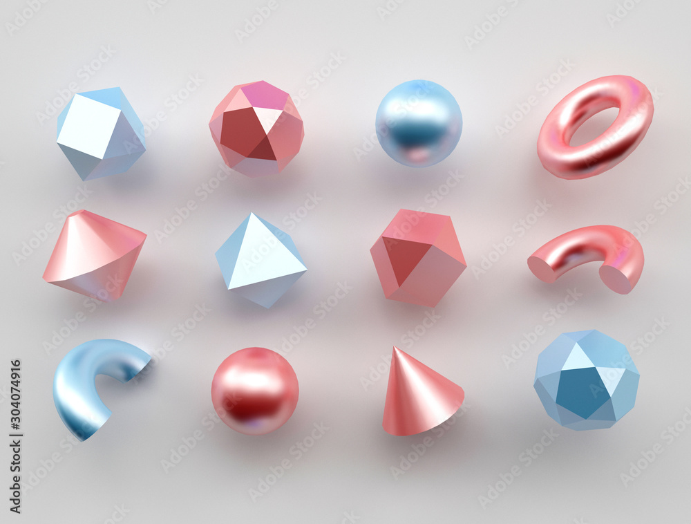 Set of 3d render realistic primitives on white background. Isolated graphic elements. Spheres ...