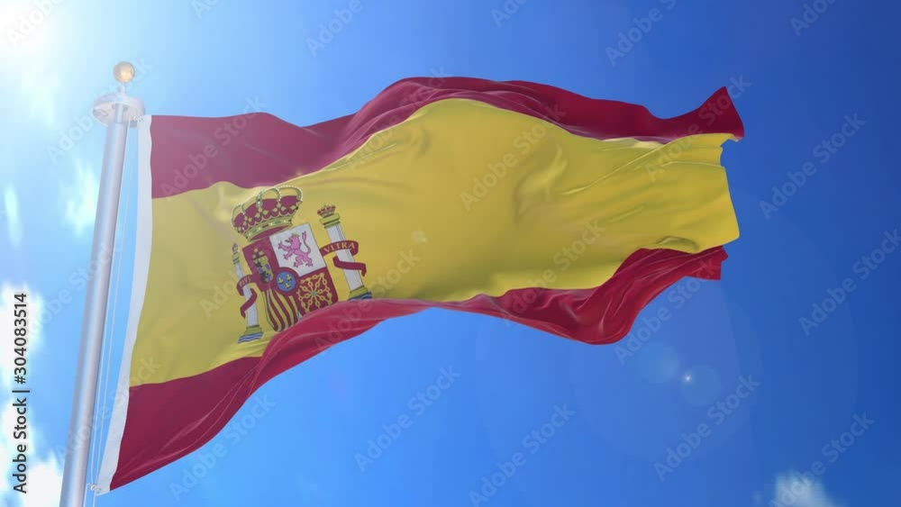 Spain animated flag in the wind with blue sky in the background, green ...