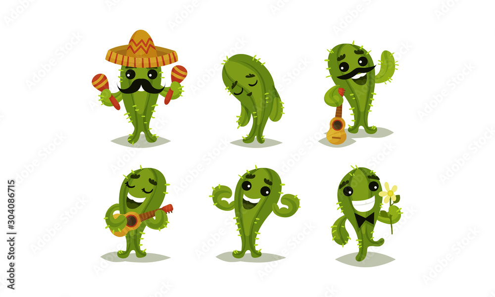 Cartoon Funny Cactus Character Vector Set. Cacti Playing Guitar Stock ...