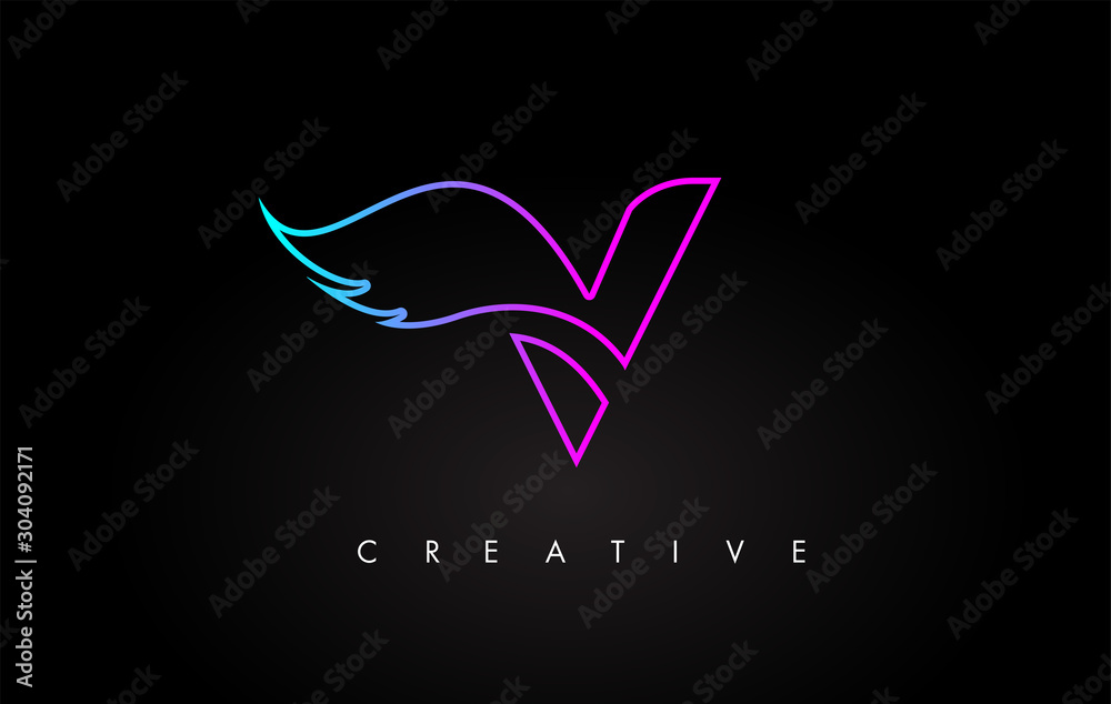 Neon V Letter Logo Icon Design with Creative Wing in Blue Purple ...