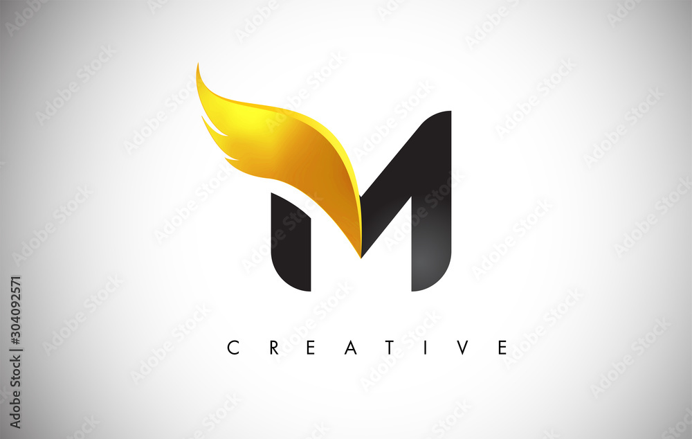 Gold M Letter Wings Logo Design with Golden Bird Fly Wing Icon. Stock ...