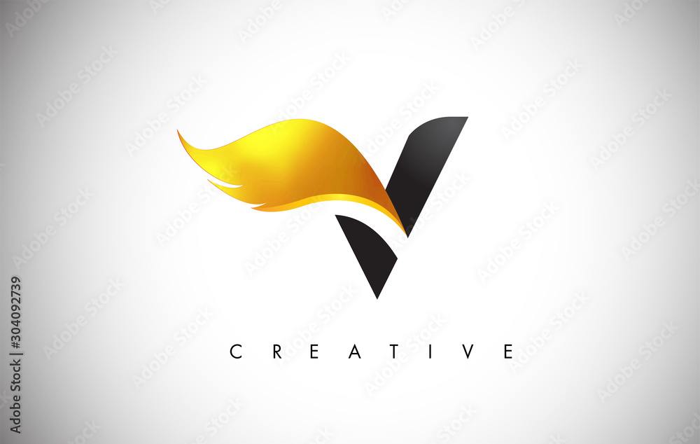 Gold V Letter Wings Logo Design with Golden Bird Fly Wing Icon. Stock ...