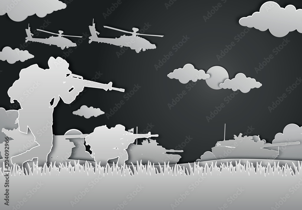 Military vector illustration, Army background, soldiers paper art style ...