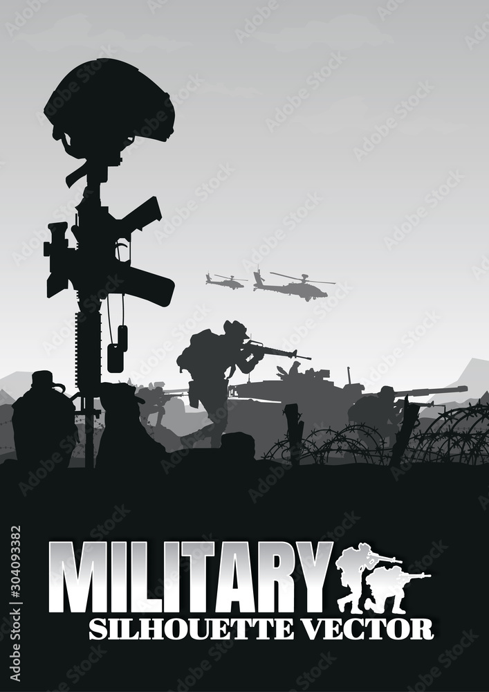 Military vector illustration, Army background, soldiers silhouettes ...