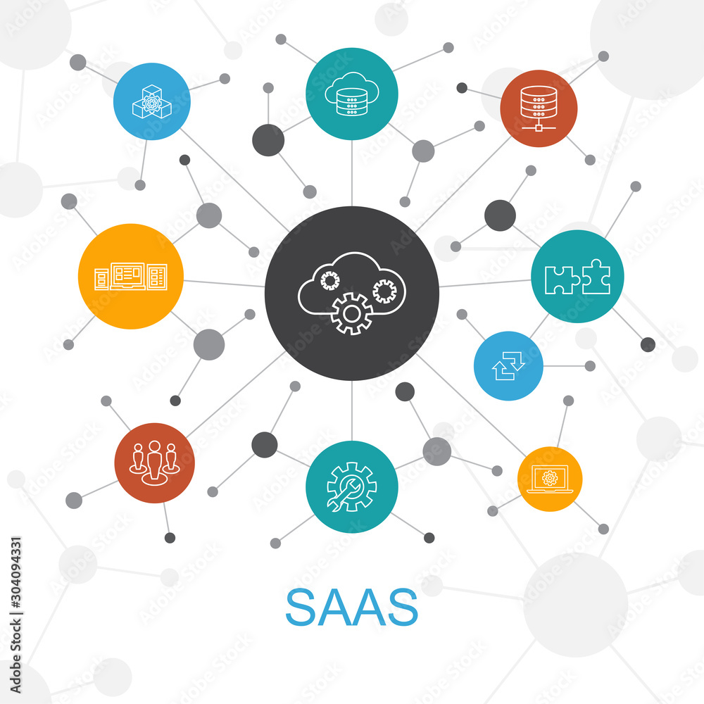 SaaS trendy web concept with icons. Contains such icons as cloud storage, configuration ...