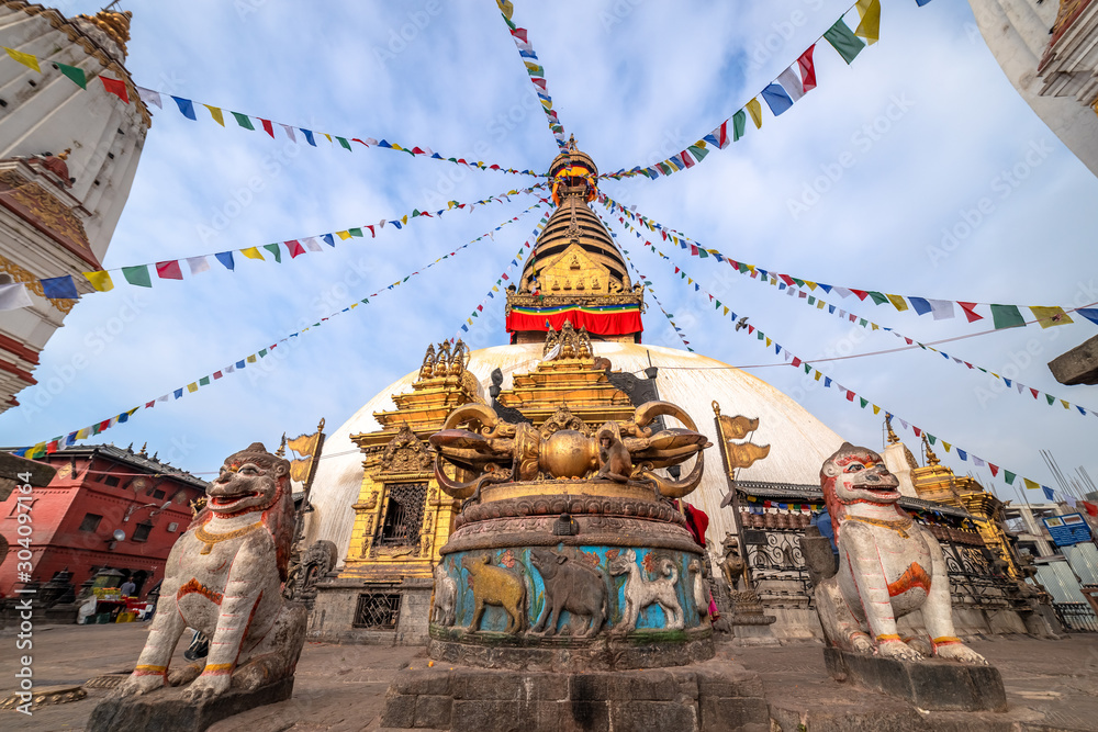 Swayambhunath Stupa, aka The Monkey Temple, during sunrise in Kathmandu ...