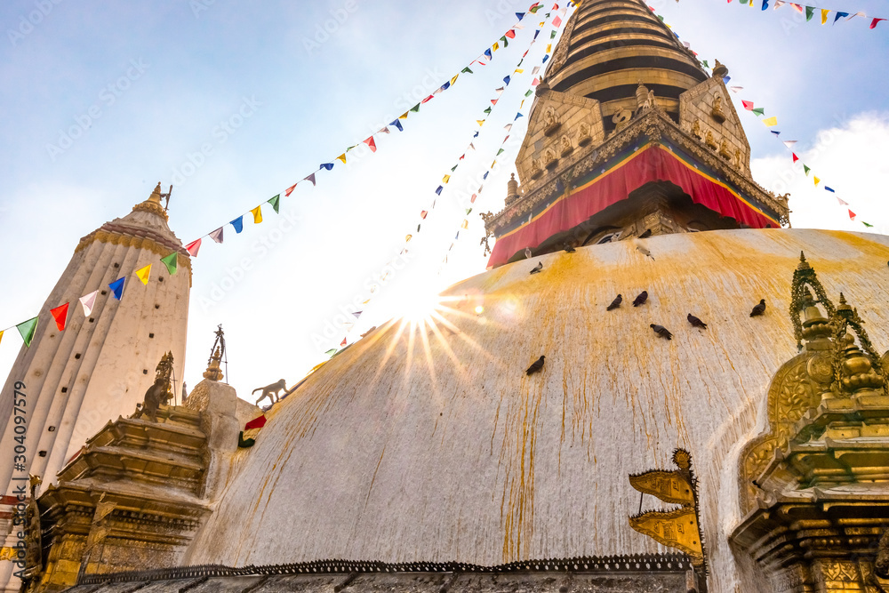 Swayambhunath Stupa, aka The Monkey Temple, during sunrise in Kathmandu ...