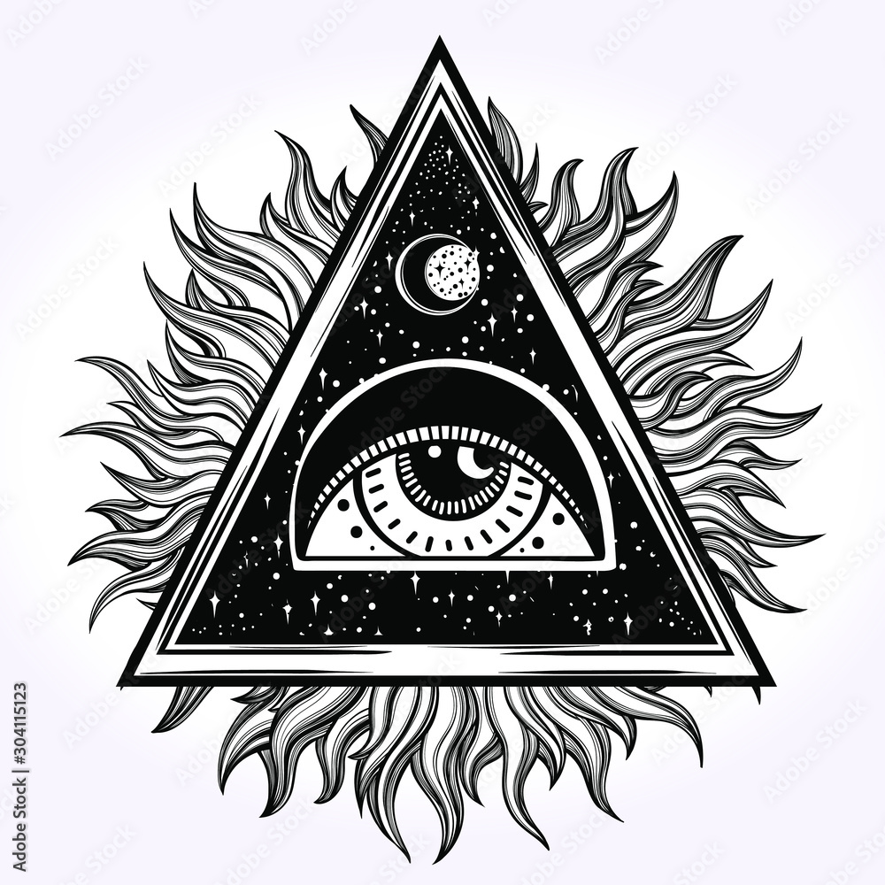 All-seeing eye is on the traingle with a starninght sky beling of which ...