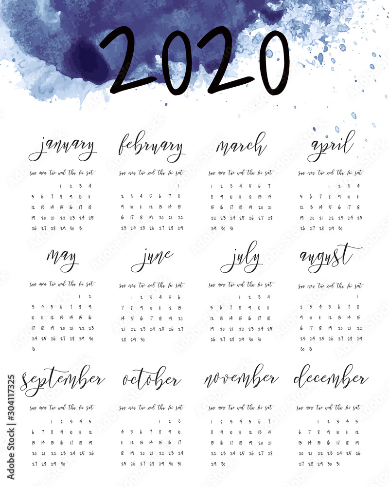 Hand written ink calendar template, 2020 year. Watercolor painted ...