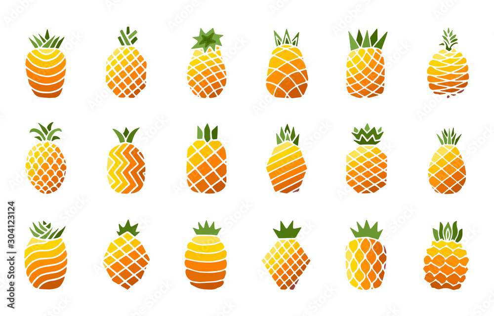 Set different hand drawn bright color icons of pineapple fruit with ...