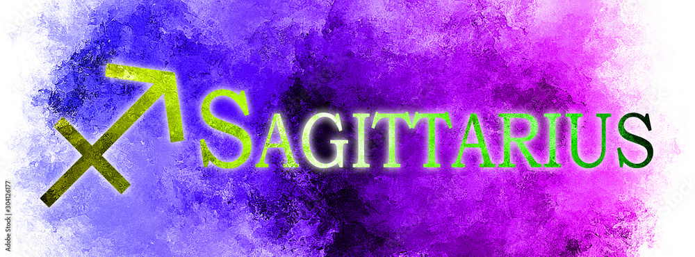 Isolated symbol of the zodiac sign Sagittarius and its name with a ...