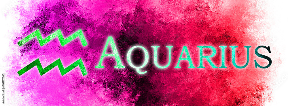 Isolated symbol of the zodiac sign Aquarius and its name with a banner ...