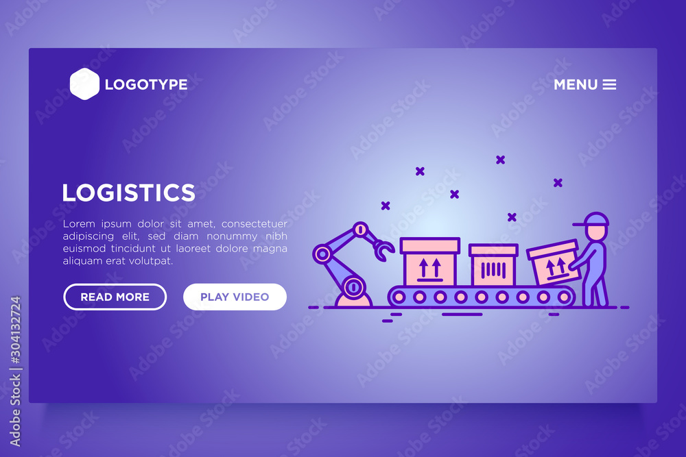 Logistics web page template. Forklift loader puts packages with sign ...