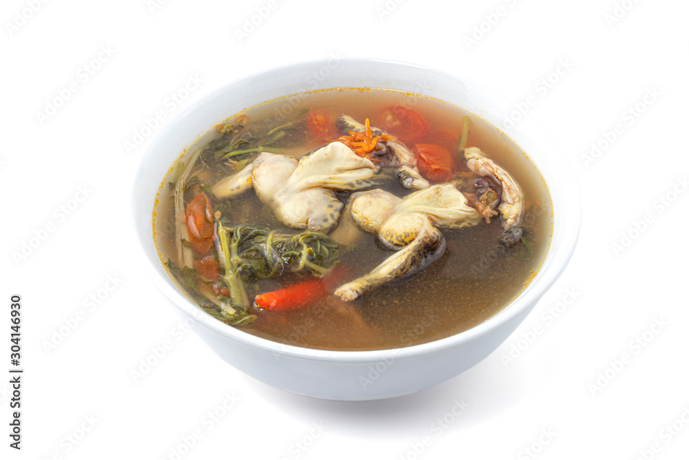 Spicy frog Soup (Tom Yum kob) hot and spicy favorite thai food in bowl ...