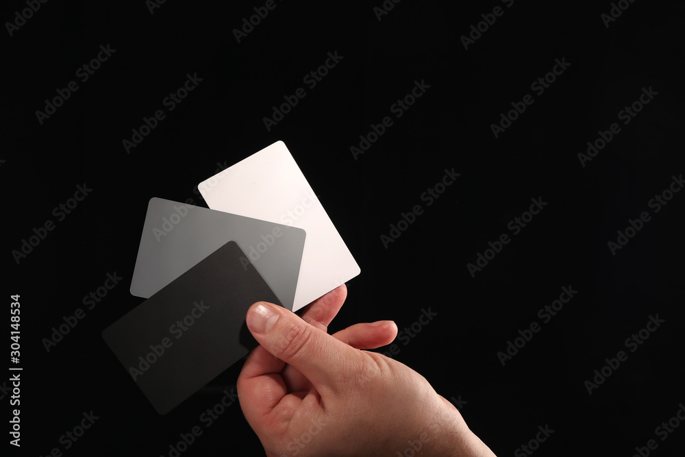 Grey Card. Set of white, black and 18% gray color cards for digital ...